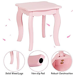 KOTEK Kids Vanity Set w/Tri-Folding Mirror, Princess Makeup Dressing Table w/Detachable Top & Drawer, 2-in-1 Vanity Table and Chair Set, Pretend Beauty Play Vanity for Girls (Pink)
