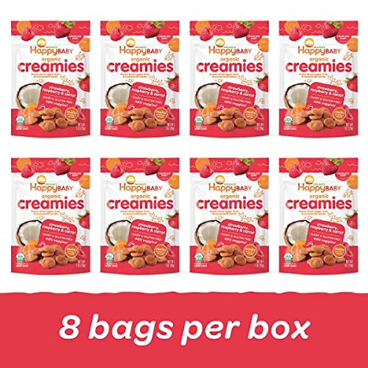 Happy Creamies Family Baby Organic Creamies Freeze-Dried Veggie & Fruit Snacks with Coconut Milk Strawberry Raspberry & Carrot, 1 Ounce (Pack of 8)
