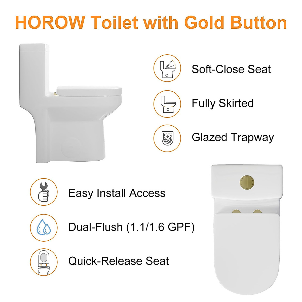 HOROW HWMT-8733 Small Compact One Piece Toilet For Bathroom, Powerful & Quiet Dual Flush Modern Toilet, 12'' Rough-In Toilet & Soft Closing Seat Include, 25"D x 13.4"W x 28.4"H, White, Gold Button