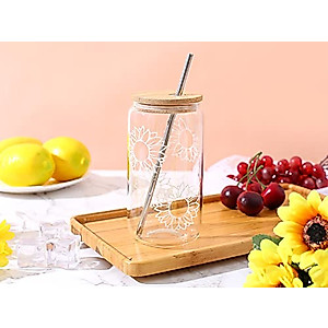 Sunflower Gifts for Women - Sunflower Cup with Bamboo Lids and Straw, Cute Sunflower Cups, Beer Can Shaped Drinking Glass Cup, Inspirational Sunshine Birthday Christmas Gifts for Mom - 16 oz Can Glass