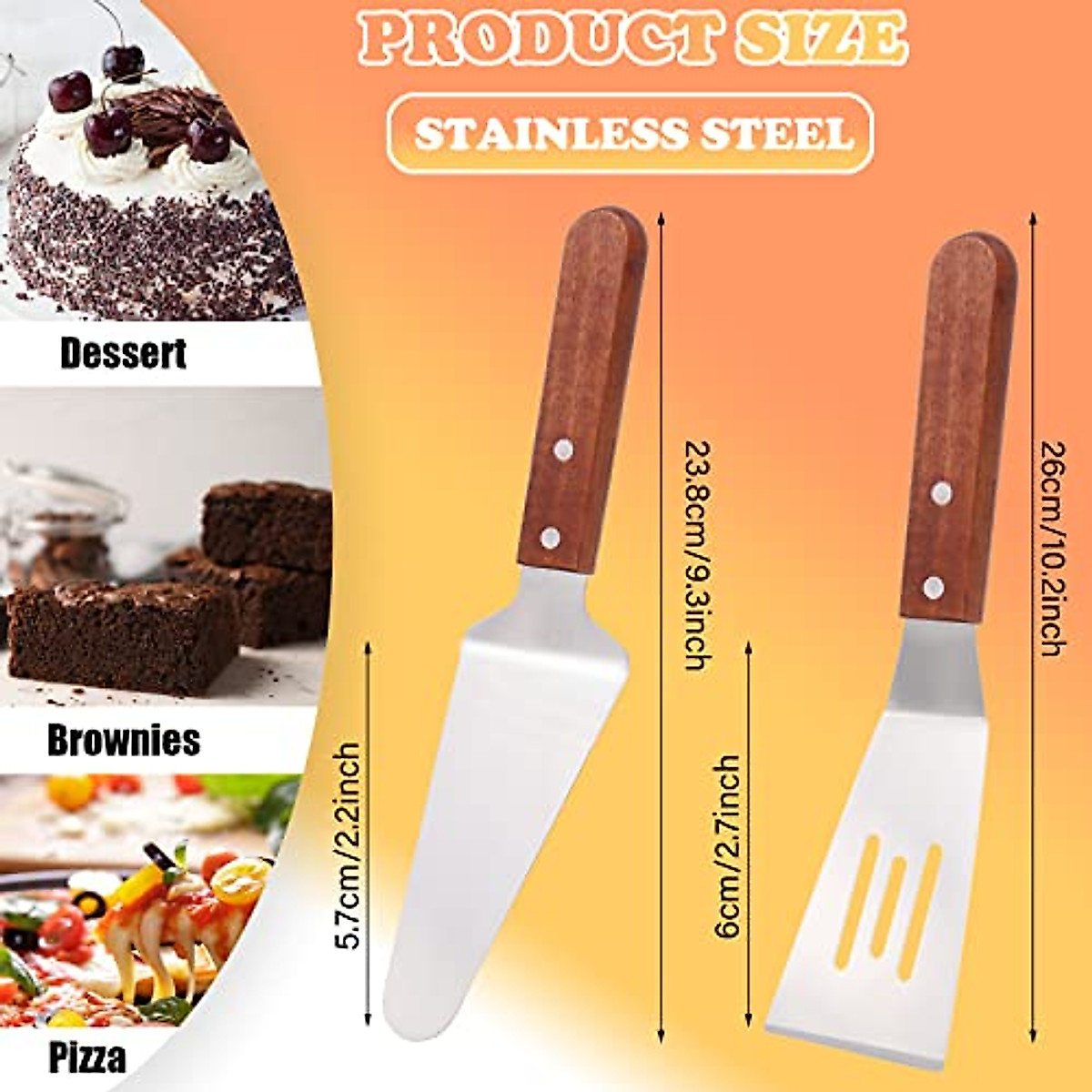 Wood Handle Pie Server and Cake Server Set Stainless Steel Set for Cutting and Serving Desserts, Brownies