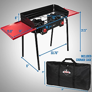 Hike Crew Cast Iron Double-Burner Outdoor Gas Stove | 150,000 BTU Portable Propane-Powered Cooktop with Removable Legs, Temperature Control Knobs, Wind Panels, Hose, Regulator & Storage Carry Case