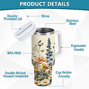 xigua 40 oz Botanical Wildflower Tumbler with Handle and Straw Lid, Stainless Steel Vacuum Insulated Sports Water Bottle, Keeps Cold or Hot Coffee Cup Travel Mug