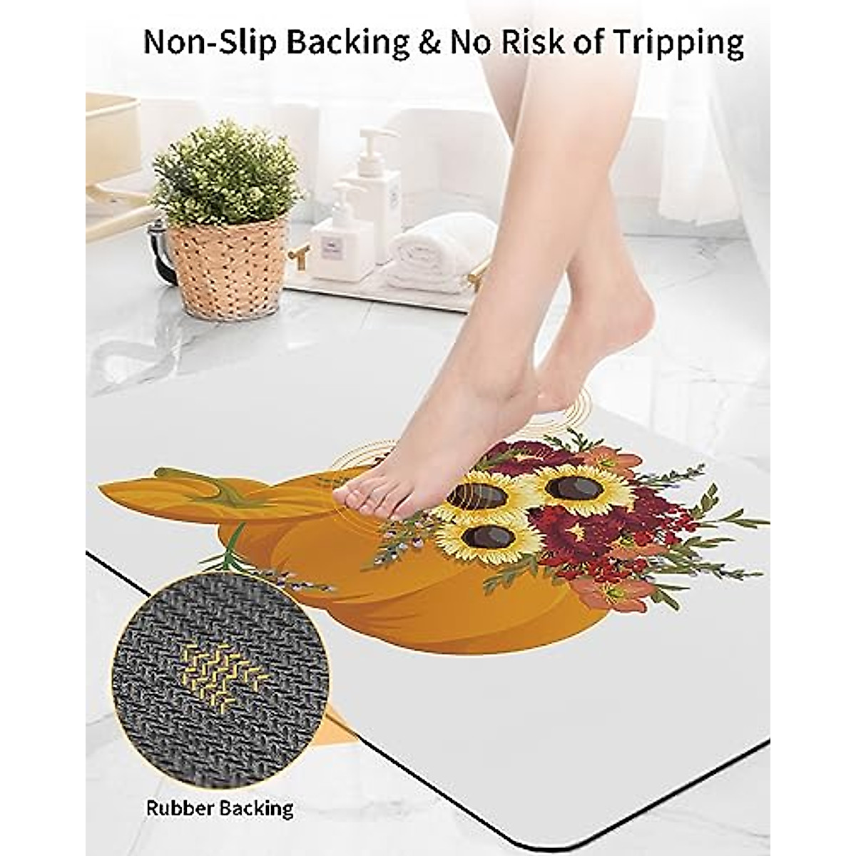 KITHOME Bath Mat for Bathroom Non Slip Thanksgiving Pumpkin Sunflowers Diatomaceous Earth Bath Mats Highly Absorbent Door Mat Diatom Mud Washable Bathroom Mat for Tub Shower 16x24 Inch