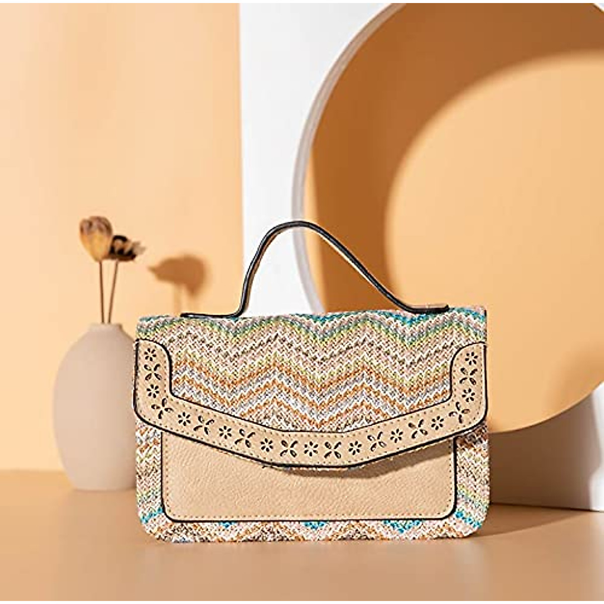 Meyaus Women Mini Patchwork Contrast Color Straw Woven Crossbody Shoulder Bag Top-handle Bag Handbag