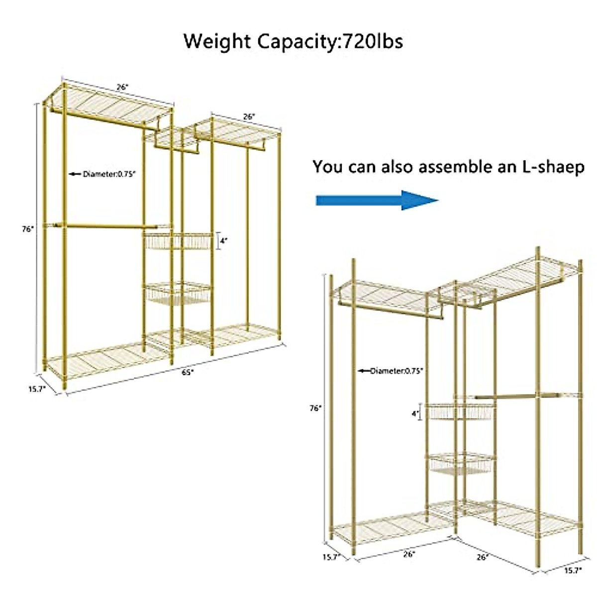Xiofio 6 Tiers Heavy Duty Clothes Rack, Metal Clothing Rack,Clothing Storage Organizer,Garment Rack with Basket,Hanging Adjustable Garment Rack,65.0" L x 15.7" W x 76.0" H,Max Load 800LBS,Gold