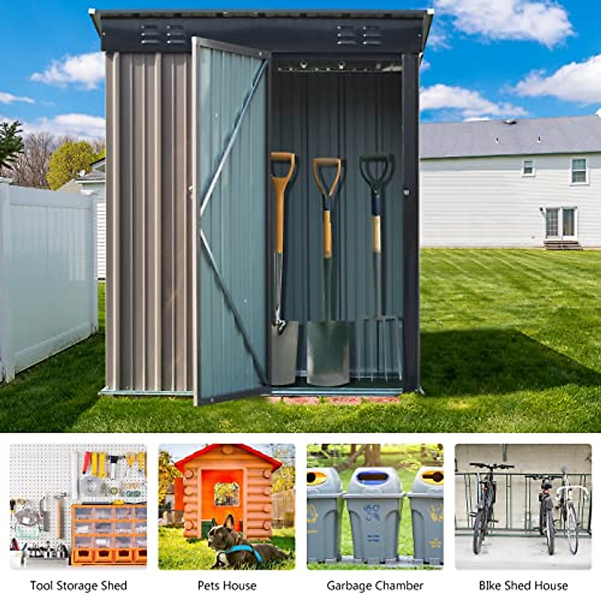 HOMFAMILIA 5' x 3' Outdoor Metal Storage Shed, Galvanized Steel Tool Store Room, Bike Shed Houses, Multi-Function Garden Shed with Lockable Door and Ventilated Vents, for Patio, Yard, Lawn, Brown