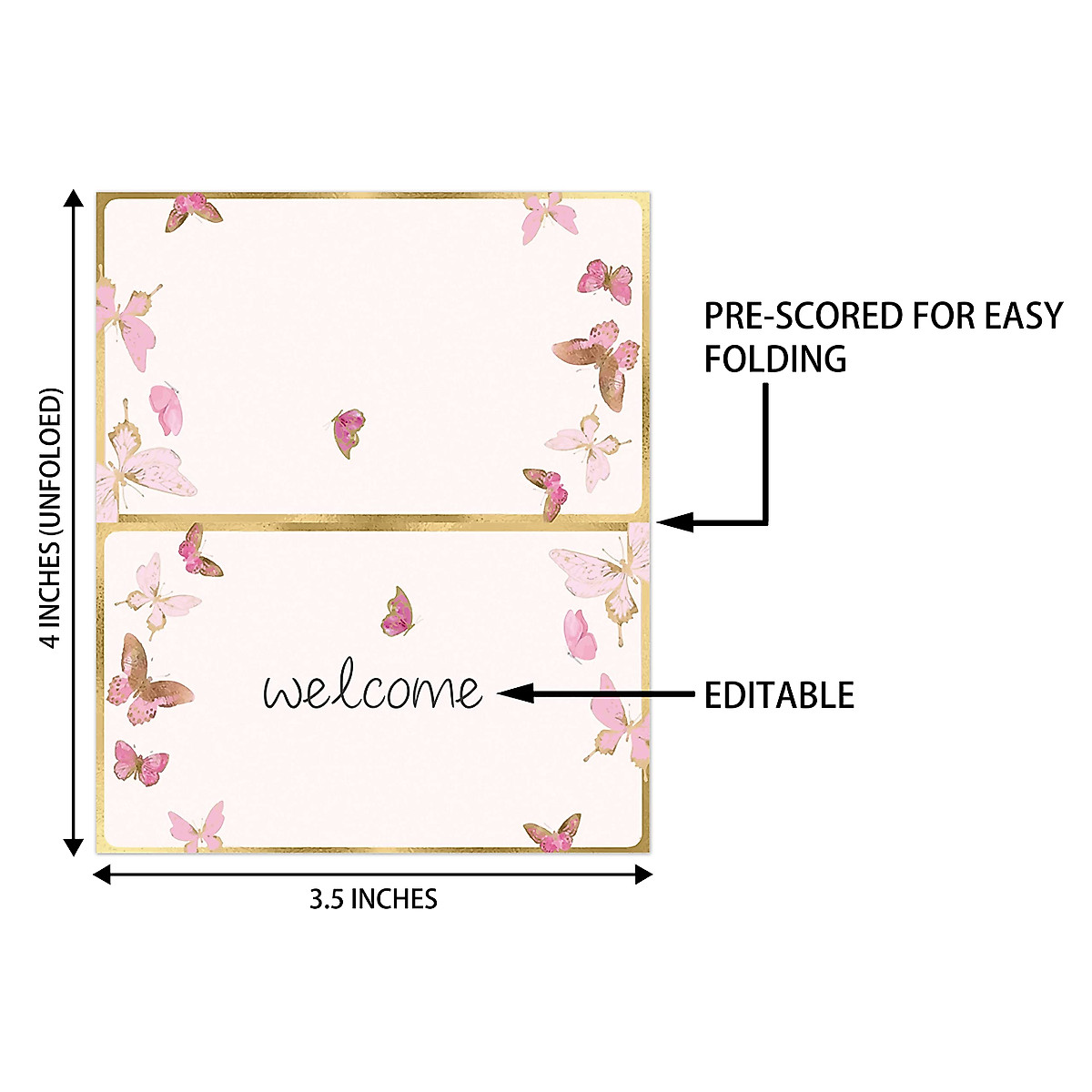 Place Cards for Pink Butterfly Party, Editable Name Place Cards, Seating Place Cards for Tables, Tent Style Cards for Wedding, Bride & Baby Shower, Easy Folding, Pack of 25 Escort Cards(B06)