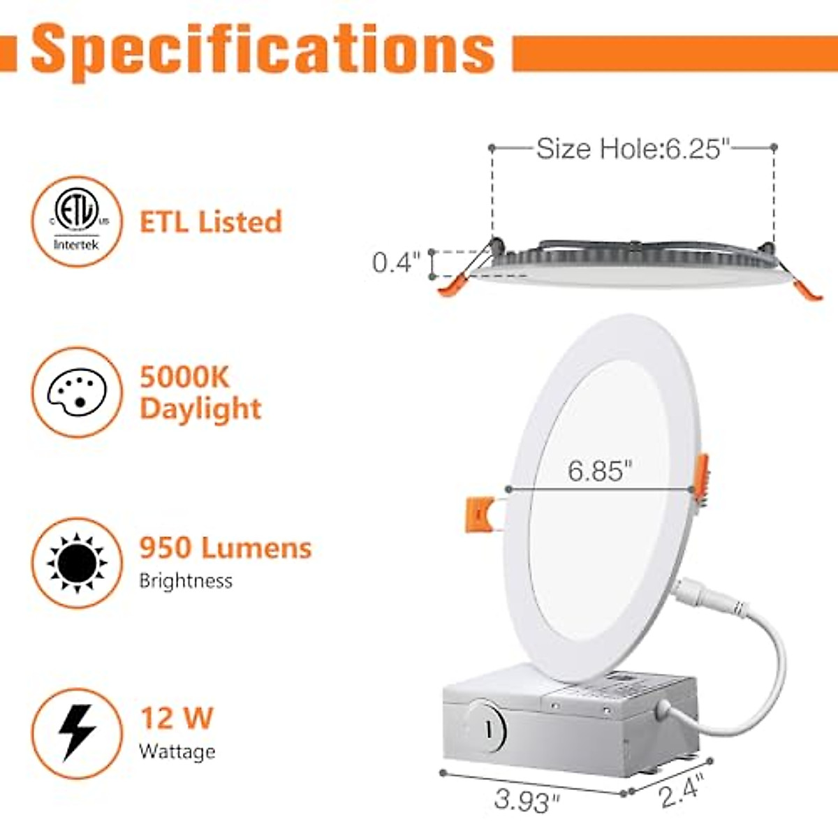 OOOLED Recessed Lighting 6 Inch, Canless LED Recessed Light Fixtures with Junction Box, 12W (100W Eqv), 950LM, 5000K Daylight, Dimmable LED Downlight and Ceiling Lights LED, ETL Listed, 12-Pack
