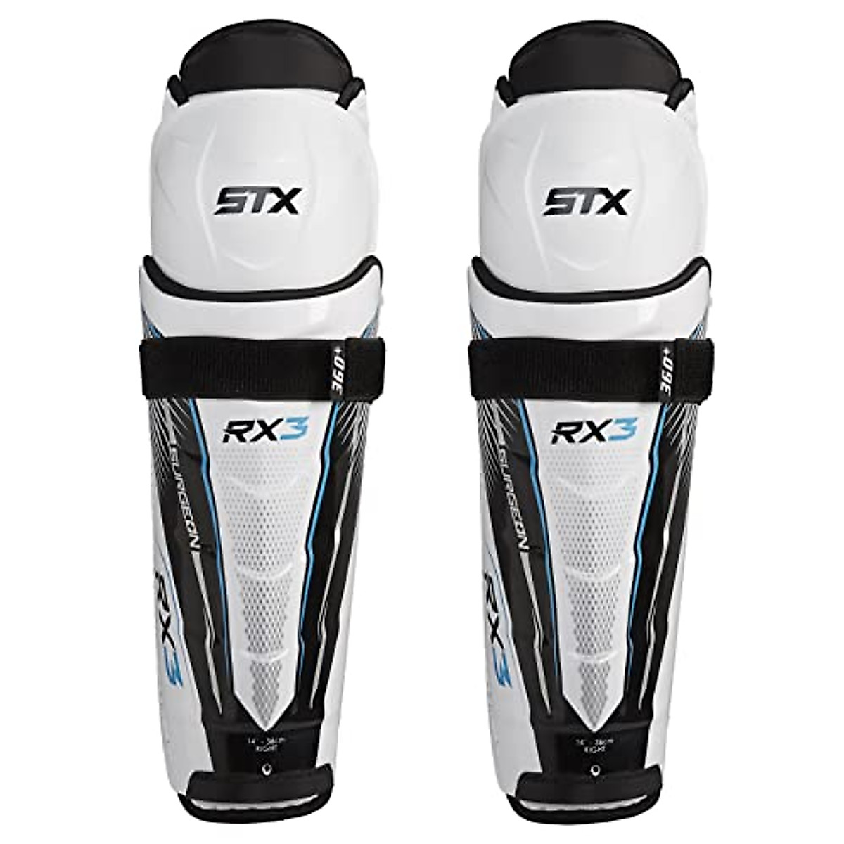 STX HP SG30 SR 13 WE/BE Ice Hockey Surgeon RX3 Shin Guards, 13", White/Blue, 13"
