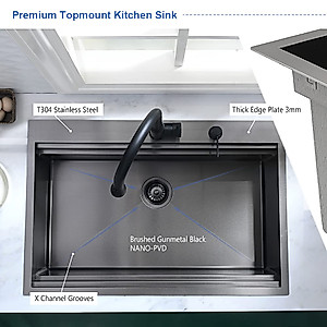 30 Black Drop in Kitchen Sink Workstation- Hovheir 30x22 Topmount Drop In Kitchen Sink Matte Black Stainless Steel Sink Handmade Sink Double Ledges Workstation Sink 16 Gauge Single Basin Kitchen Sink