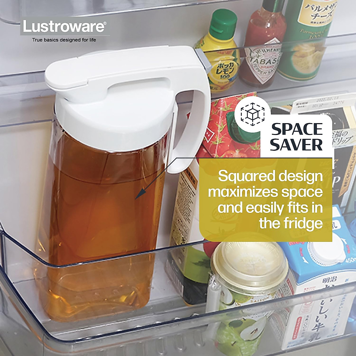 Lustroware QuickServe Airtight Pitcher - 2.1L (70oz), Heat Resistant, BPA-Free SAN Plastic, One Touch Open & Close, Space-Saving, Made in Japan - White