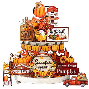 16 Pcs Fall Tiered Tray Decor Pumpkin Gnome Truck Wooden Signs Fall Table Decorations Centerpieces Farmhouse Thanksgiving Decor for Home Autumn Harvest Table Shelf Decor
