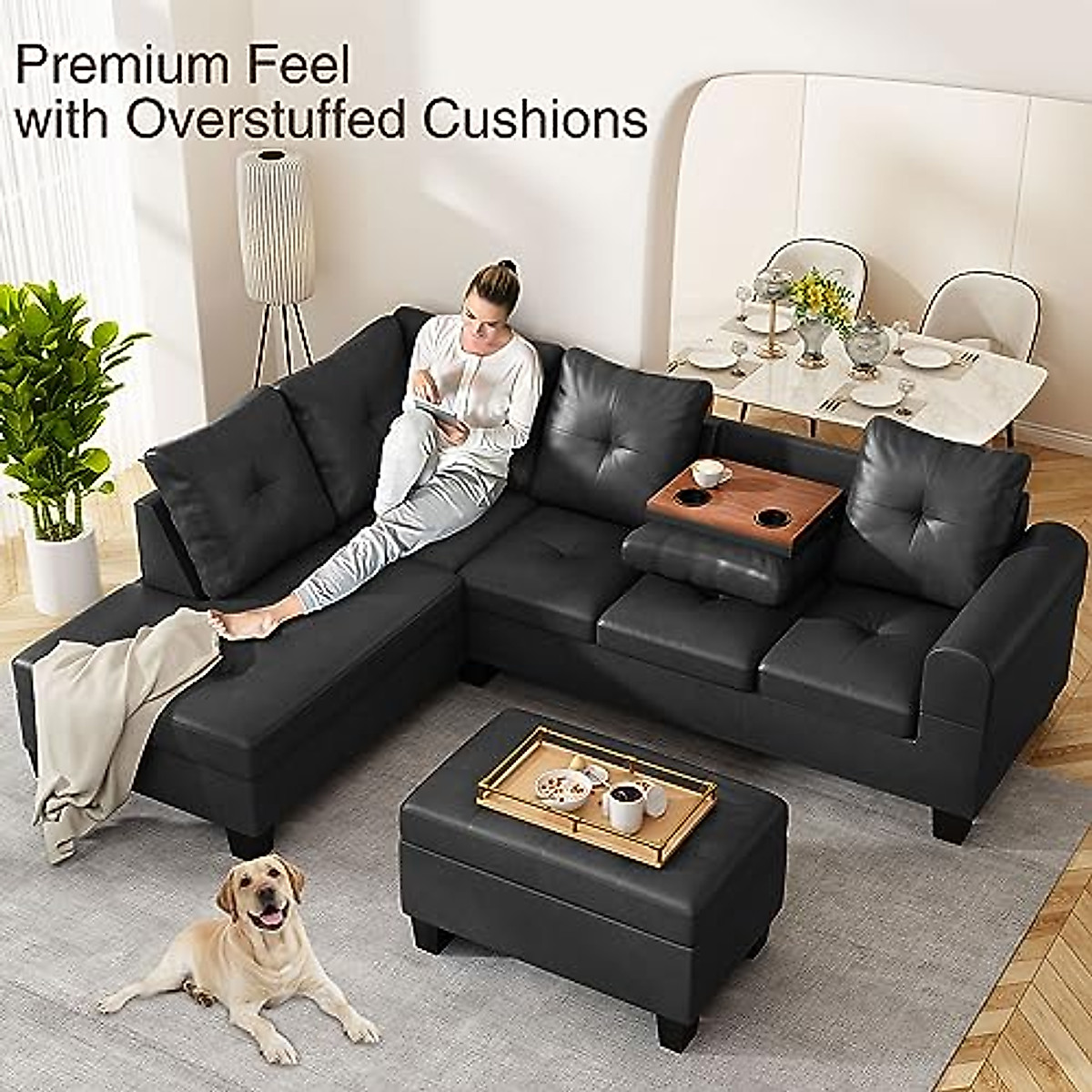 Lamerge Living Room Sectional Couch with Storage Ottoman, Modern PU Leather L-Shaped Sofa Couch Set, Black Modular Sofa Sectional w/Cup Holder, Living Room Furniture Set for Apartment, Small Space