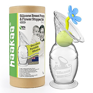 haakaa Manual Breast Pump Breastfeeding Pump Silicone Pump Milk Saver with Suction Base and Flower Stopper 100% Food Grade Silicone BPA Free (5oz/150ml) (Blue)