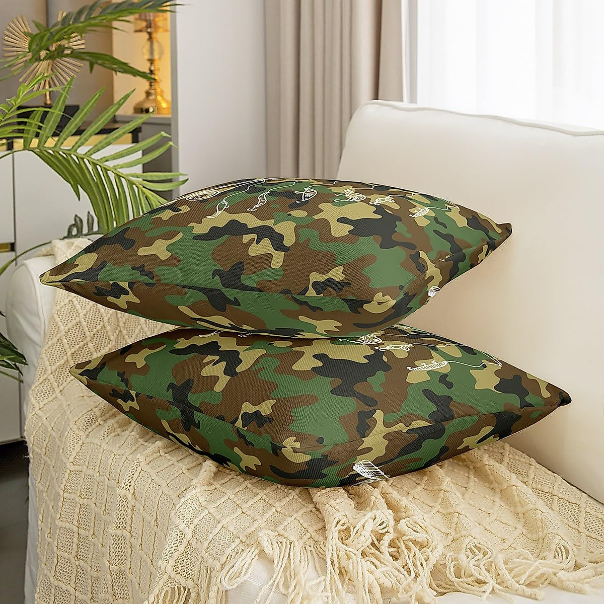 Camouflage Pillow Cases Cushion Covers 24"x24" Set of 2 Soft Camo Throw Pillow Covers for Kids Decor Fishing Decorative Throw PillowCases for Sofa Fisherman Fish Man Cushion Cases Bedroom Green