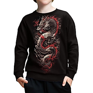 HUIACONG Cool Dragon Print Boys Shirts Fashion Long Sleeve Sweatshirts for Boy O-Neck T-Shirts Chinese Loong Graphic Kids Top for 8-10 Years Polo Shirt Novelty Children Teen Athletic Clothes