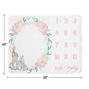Sweet Jojo Designs Woodland Bunny Girl Milestone Blanket Monthly Newborn First Year Growth Mat Baby Shower Memory Keepsake Gift Picture - Blush Pink Mint Green Grey Boho Floral Watercolor Rose Flower