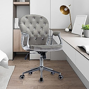 Haplized Velvet Home Office Chair with Wheels, Cute Desk Chair with Side Arms and Wheels 360°, Height Adjustable Armchair for Living Room, Bedroom, Vanity Room, Bling Desk Nail Desk for Women (Grey)