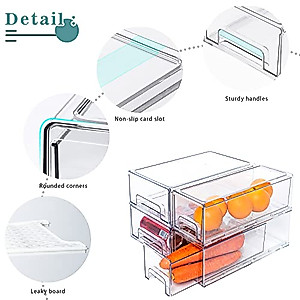 2 Pack Stackable Refrigerator Drawers Pull Out Bins Clear Fridge Drawer Organizer Food Storage Containers Plastic Veggie Fruit Produce Saver for Pantry Kitchen Freezer