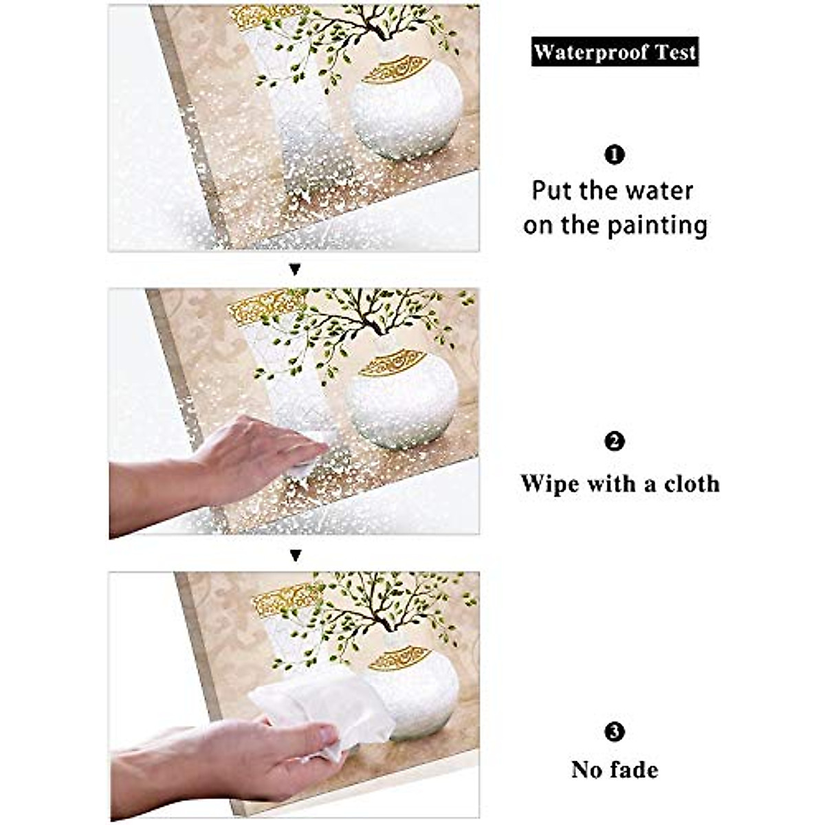 3 Piece Wall Art for Bathroom/Hallway, SZ HD Elegant Canvas Painting Prints of Green Spring Plants in Vases on Beige/Tan Picture (Waterproof Decor, 1" Thick, Bracket Mounted Ready to Hang)