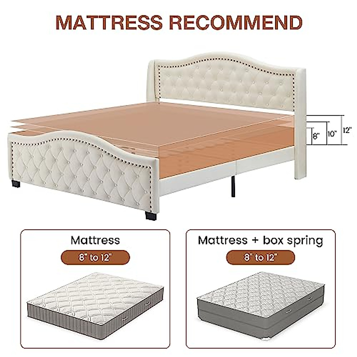 GAOMON King Size Upholstered Platform Bed Frame with Tall Headboard, Luxurious Velvet Button Tufted and Nailhead Trim Wingback, Arched Footboard, No Box Spring Needed, Beige