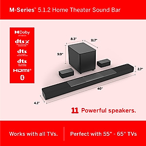 VIZIO M-Series 5.1.2 Immersive Sound Bar with Dolby Atmos, DTS:X, Bluetooth, Wireless Subwoofer, Voice Assistant Compatible, Includes Remote Control - M512a-H6