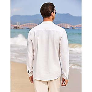 COOFANDY Men's Linen Henley Shirt Long Sleeve Casual Hippie Cotton Beach T Shirts White