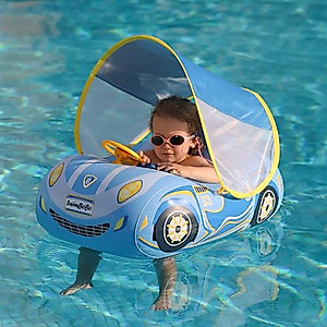 Swimbobo Toddler Pool Float Inflatable Car Baby Swim Float with Adjustable Sun Canopy and Safety Seat Pool Toys for Kids 1-4 Years Old (Blue Sports Car)