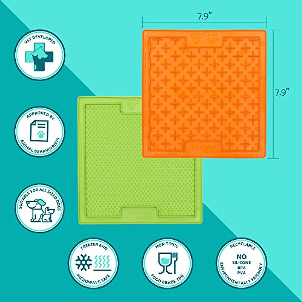 LickiMat Slow Feeder for Dogs, Boredom & Anxiety Reducer; for Food, Treats, Yogurt, or Peanut Butter. Fun Alternative to a Slow Feed Dog Bowl, 2-Pack Classic Dog Buddy & Soother, Green & Orange.