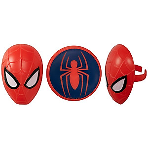 DecoPac Marvel's Spider-Man™ Spider and Mask Rings, Spider-Man Cupcake Decorations, Red and Blue Food Safe Cake Toppers – 24 Pack