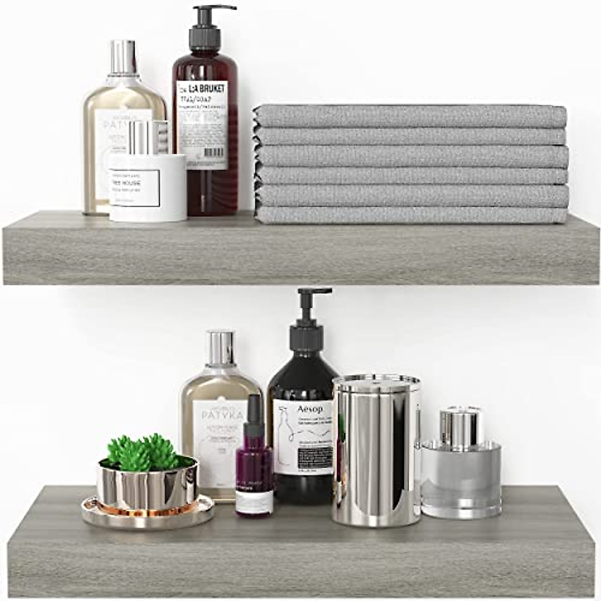 Ballucci Floating Shelves Set Extra Wide, 2-Pack 16" L Wood Wall Mounted Ledges with Invisible Brackets for Living Room, Bedroom, Bathroom, Kitchen, Nursery, 8" Deep - Gray Oak