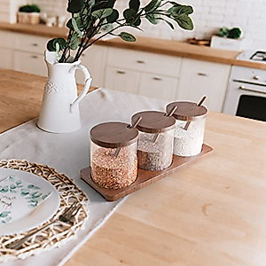 Essos Round Glass and Wood Condiment 3 pc Jars Set with spoon Tray Sugar Food Storage Containers with Wood Lids and Wooden Spoon for Coffee Spice Storage Container