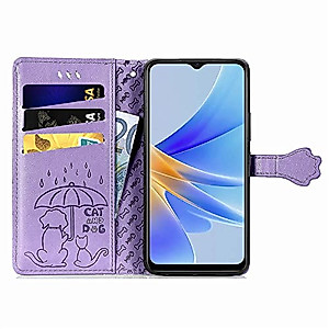 CCSmall for Oppo A17 PU Leather Flip Wallet Case, Cute Cat Dog Cartoon Style with Card Slots Holder Phone Cover Case for Oppo A17 MG Purple
