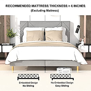 Flolinda Queen Size Bed Frame, Upholstered Queen Bed Frame with Tufted Velvet Headboard, Mattress Foundation, Strong Wood Slat Support Double Bed Frame, No Box Spring Needed, Easy Assembly, Grey
