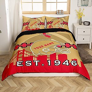 Erosebridal Custom Name Football Duvet Cover Queen,Football Bedding Set for Boys,American Football Comforter Cover,Football City Bed Sets with 2 Pillow Shams,Red Yellow(San Francisco)