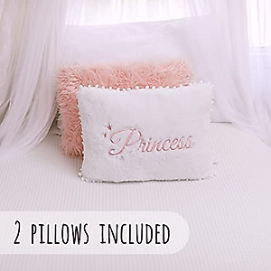Set of 2 Decorative Pillows for Girls, Toddler Kids Room. White Fluffy Princess Pillow Embroidered and Furry Pink Faux Fur Pillow. Soft and Plush Girls Pillows – Throw Pillows for Kid’s Bedroom Décor