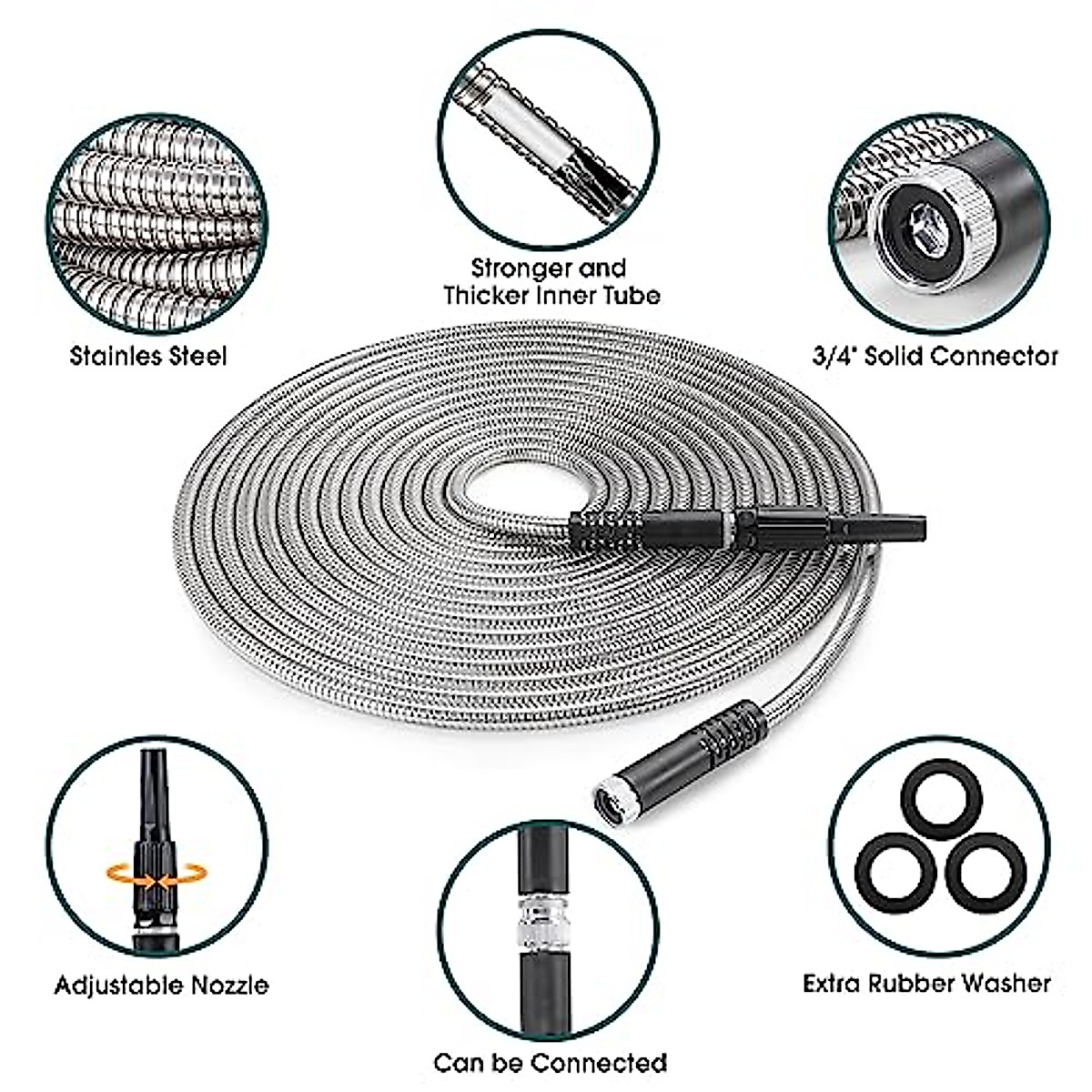 JUNEBOW Metal Garden Hose 50ft, Stainless Steel Heavy Duty Water Hose with 10 Function Nozzle - Flexible, Lightweight, Kink Free & Tangle Free, Pet Proof, Puncture Proof Hose for Yard, Outdoor