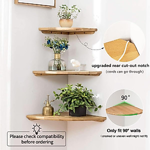Corner Shelves, Floating Corner Shelf, Set of 2 7inch Solid Oak Wood Corner Wall Shelves, Round End Wall Mount Display Shelf with Wire Hole Shelving for Small Plant for Bedroom Kitchen, Living Room