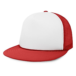 DALIX Flat Billed Trucker Cap with Mesh Back in Red-White