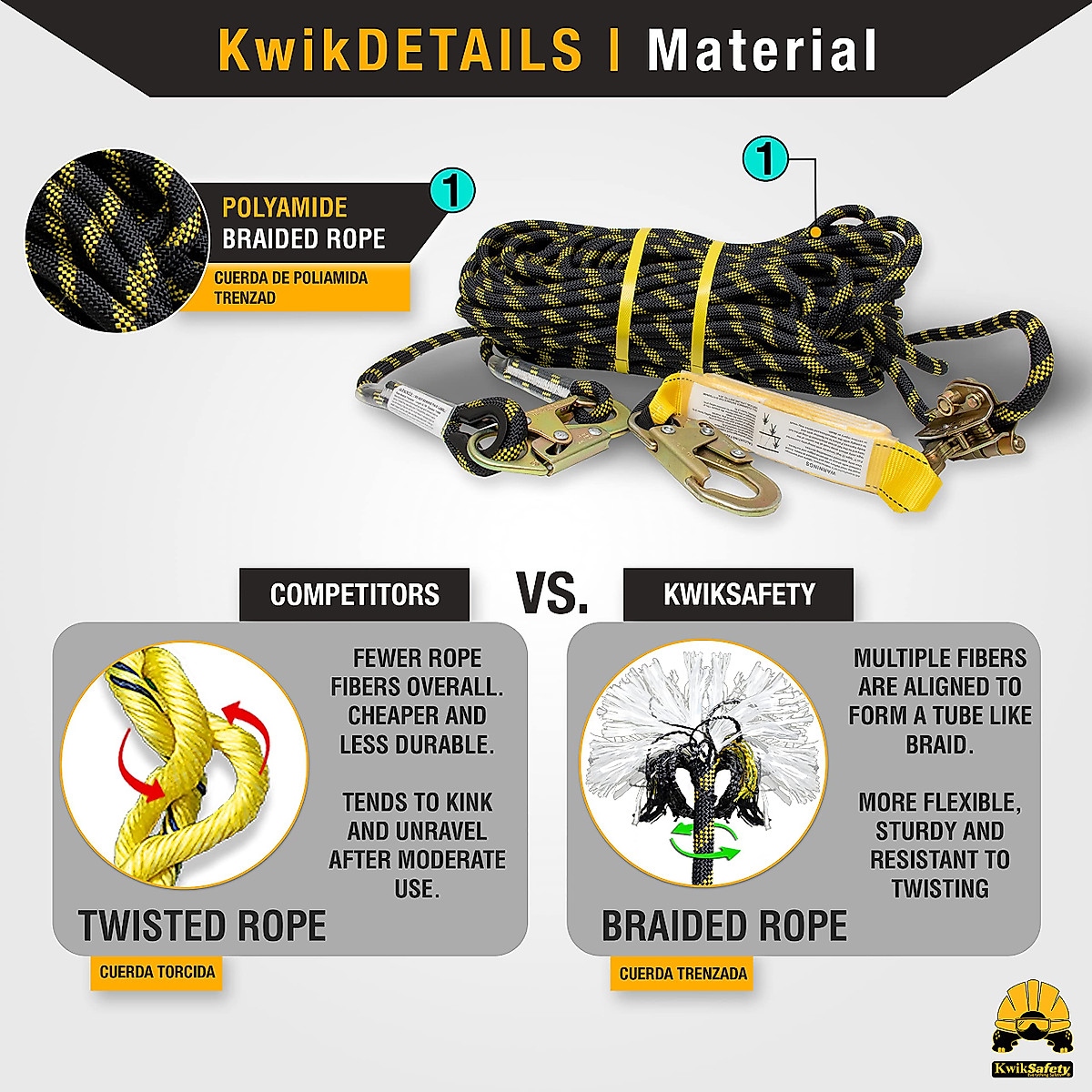 KwikSafety - Charlotte, NC - TSUNAMI [Premium BRAIDED ROPE] Vertical Lifeline ANSI OSHA Rope Grab Snap Hook Shock Absorber Fall Protection Line Kit Restraint System Roofing Safety Equipment / 50 FT.