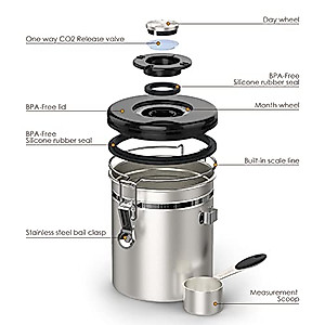 Houseables Coffee Canister, Espresso Container, Airtight Storage, Stainless Steel, 1/8 Cup Scoop, 16 Oz, Ground Bean Tin, Beans Keeper Jar, CO2 Valve, Date Tracker, Grounds Canisters, Nuts, Sugar