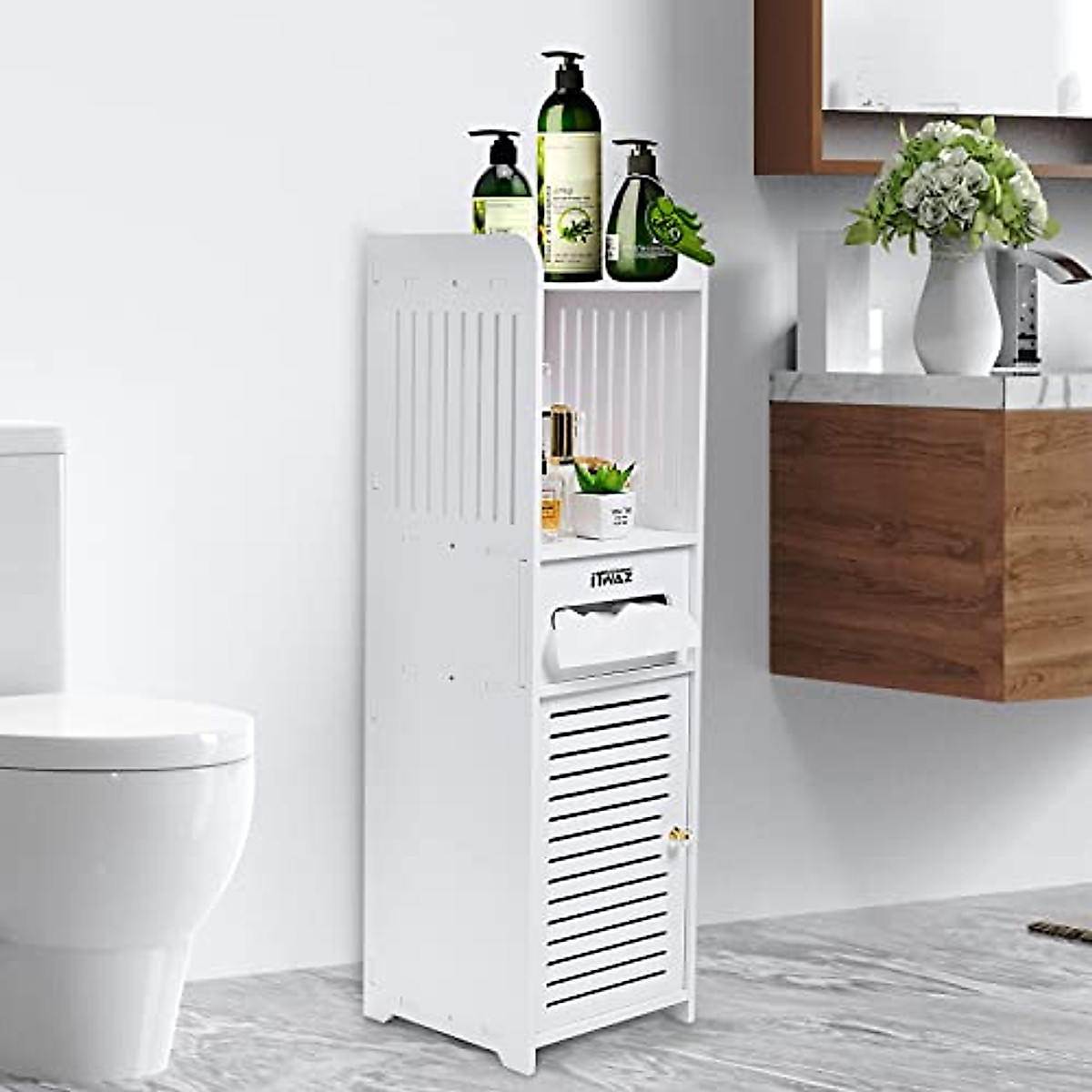 ITWAZ Multipurpose Bathroom Standing Cabinet with Single Door and 3-Layer, Free-Standing Shelves for Living Room Bathroom Storage Cabinet,9.8" Lx9.8 Wx31.5 H White B