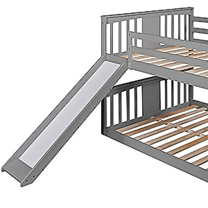 ERDAYE Full Over Full Bunk Bed with Slide and Ladder, Wood Bunkbed w/Safety Guardrails, Solid Slat Support Bedframe for Kids Teens, No Box Spring Needed, Grey