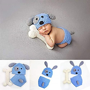 Newborn Baby Girl Boy Photo Props Outfits Crochet Knitted Blue Dog Hat Shorts with Bone Set for Boys Girls Photography Shoot (0-6 Months)