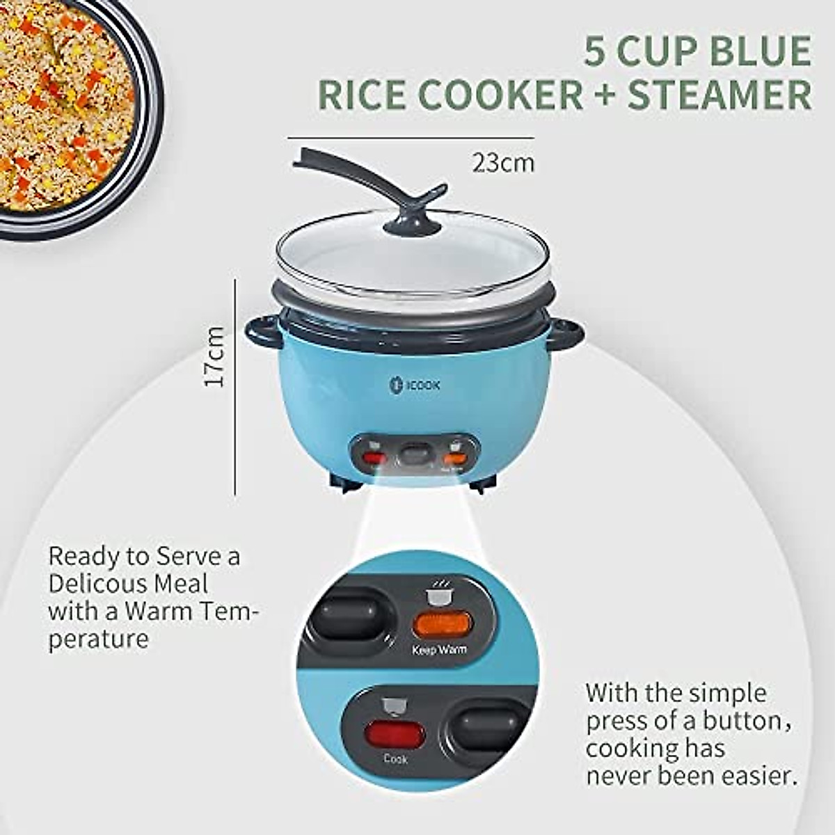 ICOOK Blue Rice Cooker 1L Grains,Oatmeal,Cereals Cooker,Rice Warmer Steamer,Small Mini Rice Cooker Removable Nonstick Pot,Full View Glass Lid,Stand Plastic Knob