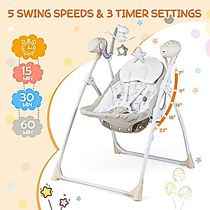 BABY JOY Baby Swings for Infants, Portable Rocker w/ 5 Swing Speeds, 3-Position Adjustable Backrest, 3 Timer Settings, 12 Melodies and 5 Natural Sounds, Compact Swing Chair for Toddlers (Beige)