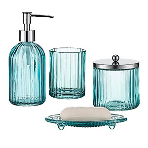 4PCs Heavy Weight Decent Glass Bathroom Accessories Set with Decorative Pressed Pattern - Includes Hand Soap Dispenser & Tumbler & Soap Dish & Toothbrush Holder (Blue)