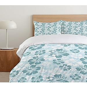 Ambesonne Hawaiian Duvet Cover Set, Rainforest Sea Coasts Palm Trees Happy Times Simple Monochromic Art, Decorative 3 Piece Bedding Set with 2 Pillow Shams, Queen Size, Blue White