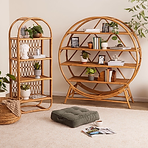 Rattan Arched Bookshelf, 4-Tier Tall Rattan Bookshelf, Free Standing Storage Unit, Bookcase Home Decor Furniture for Home Office, Living Room, Bedroom, Study
